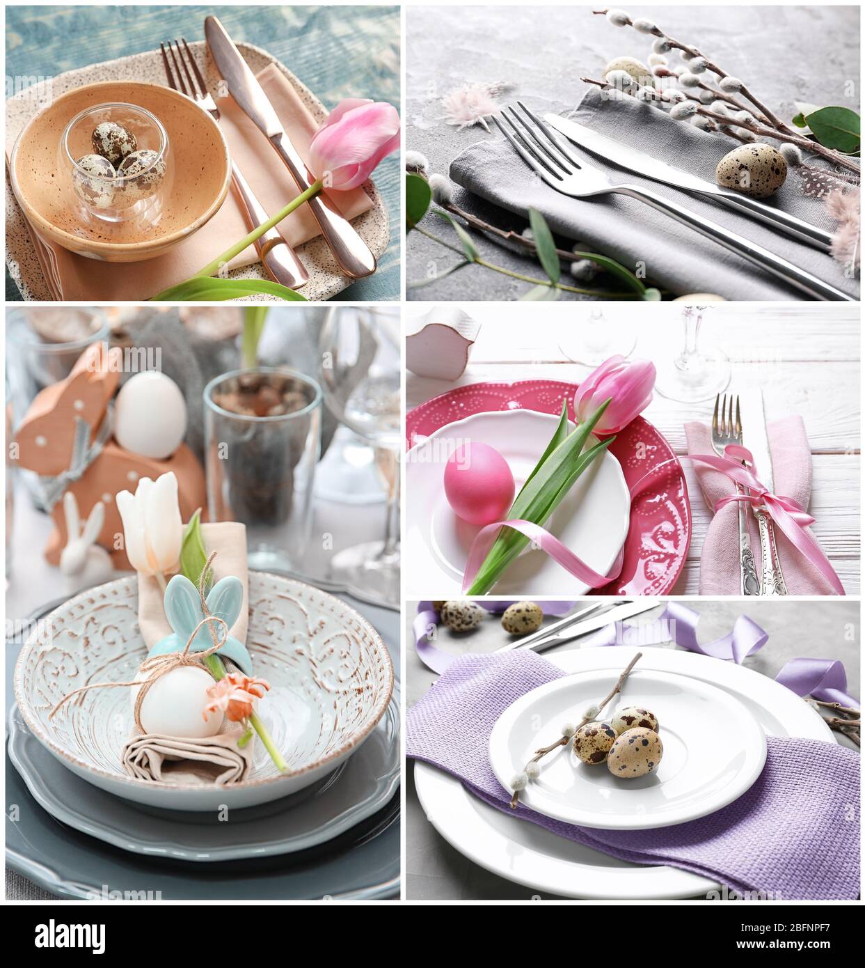 Collage with different ideas for festive Easter table setting Stock ...