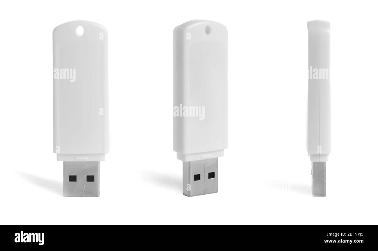 Set of blank USB flash drives on white background. Mockup for design ...