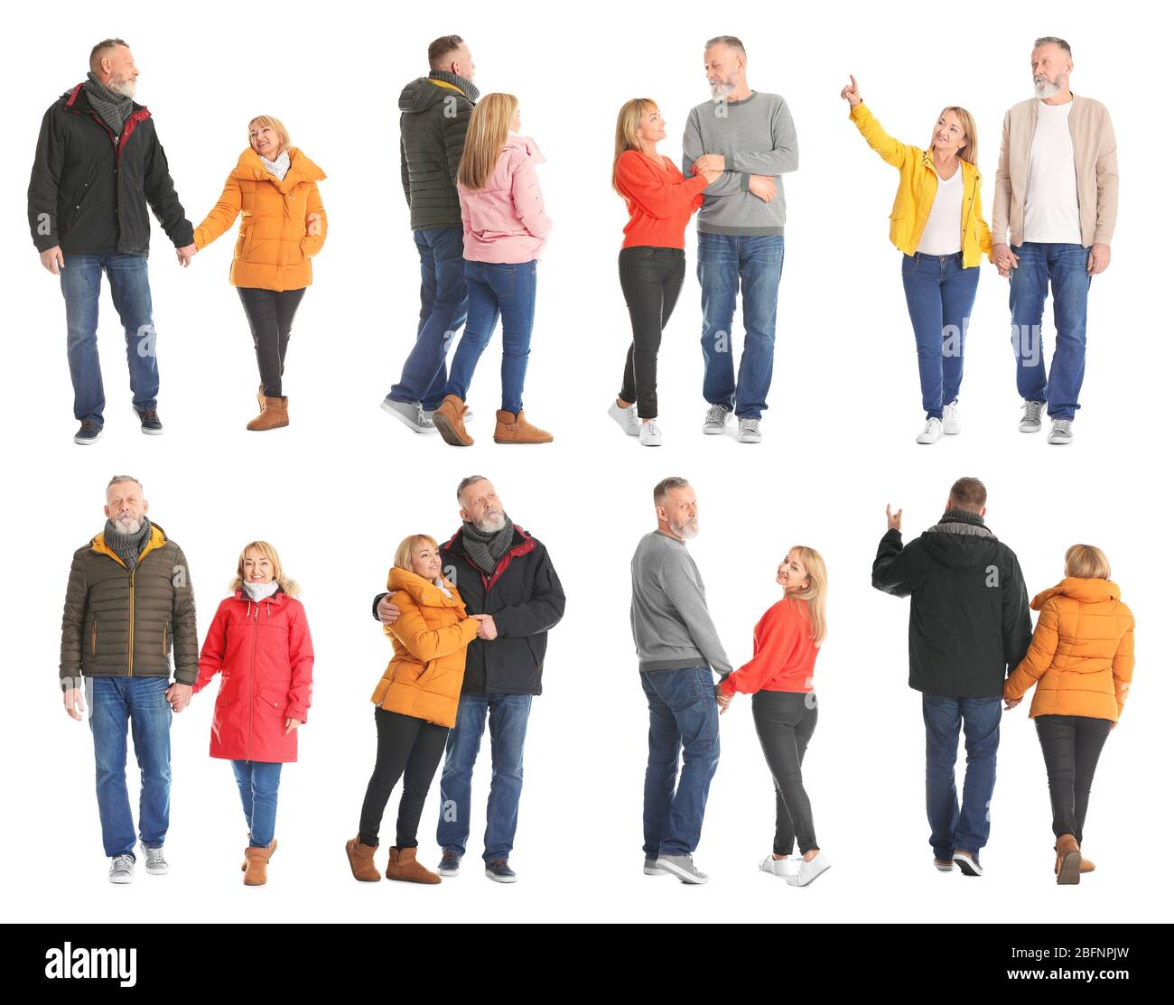 Collage with couples in casual clothes walking on white background ...