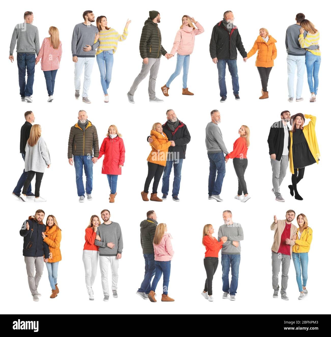 Collage with couples in casual clothes walking on white background ...