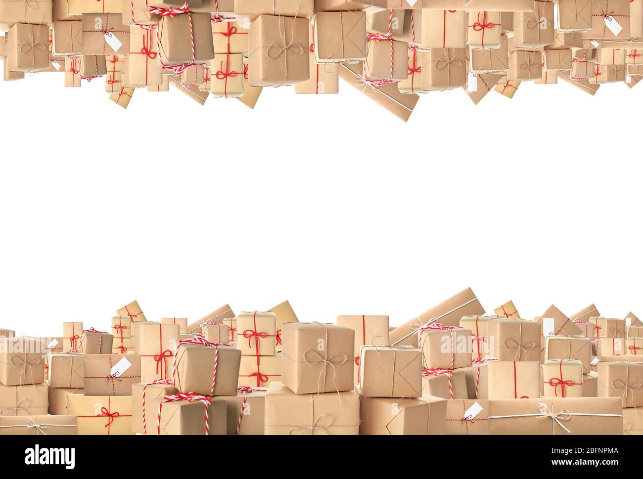 Frame of parcel gift boxes on white background Stock Photo - Alamy