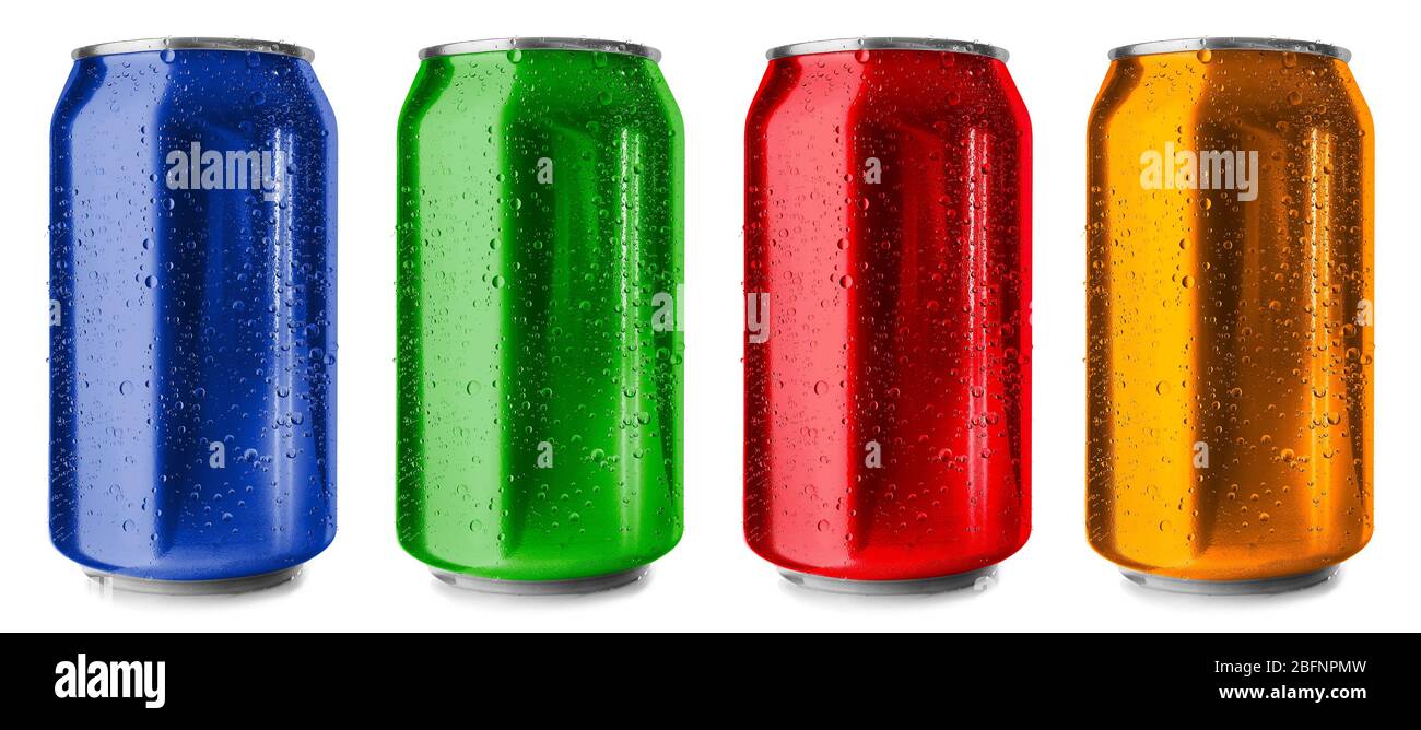 Colorful cans on white background Stock Photo - Alamy