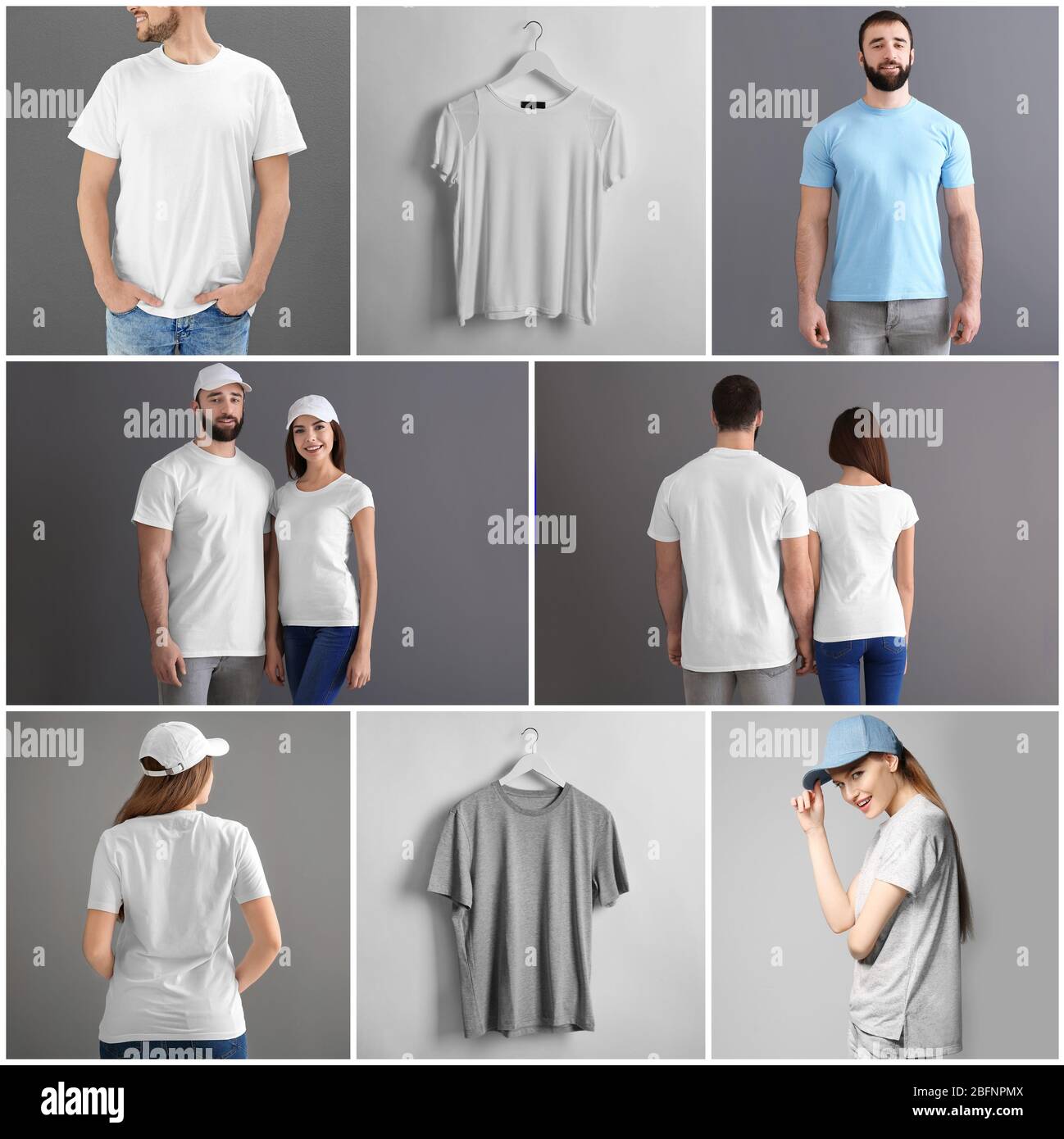 Collage with young people in stylish t-shirts and caps. Mockup for ...