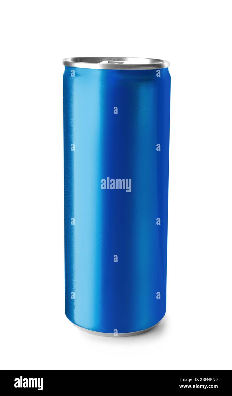 Blue can on white background Stock Photo - Alamy