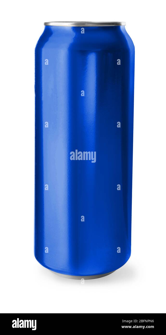 Blue can on white background Stock Photo - Alamy