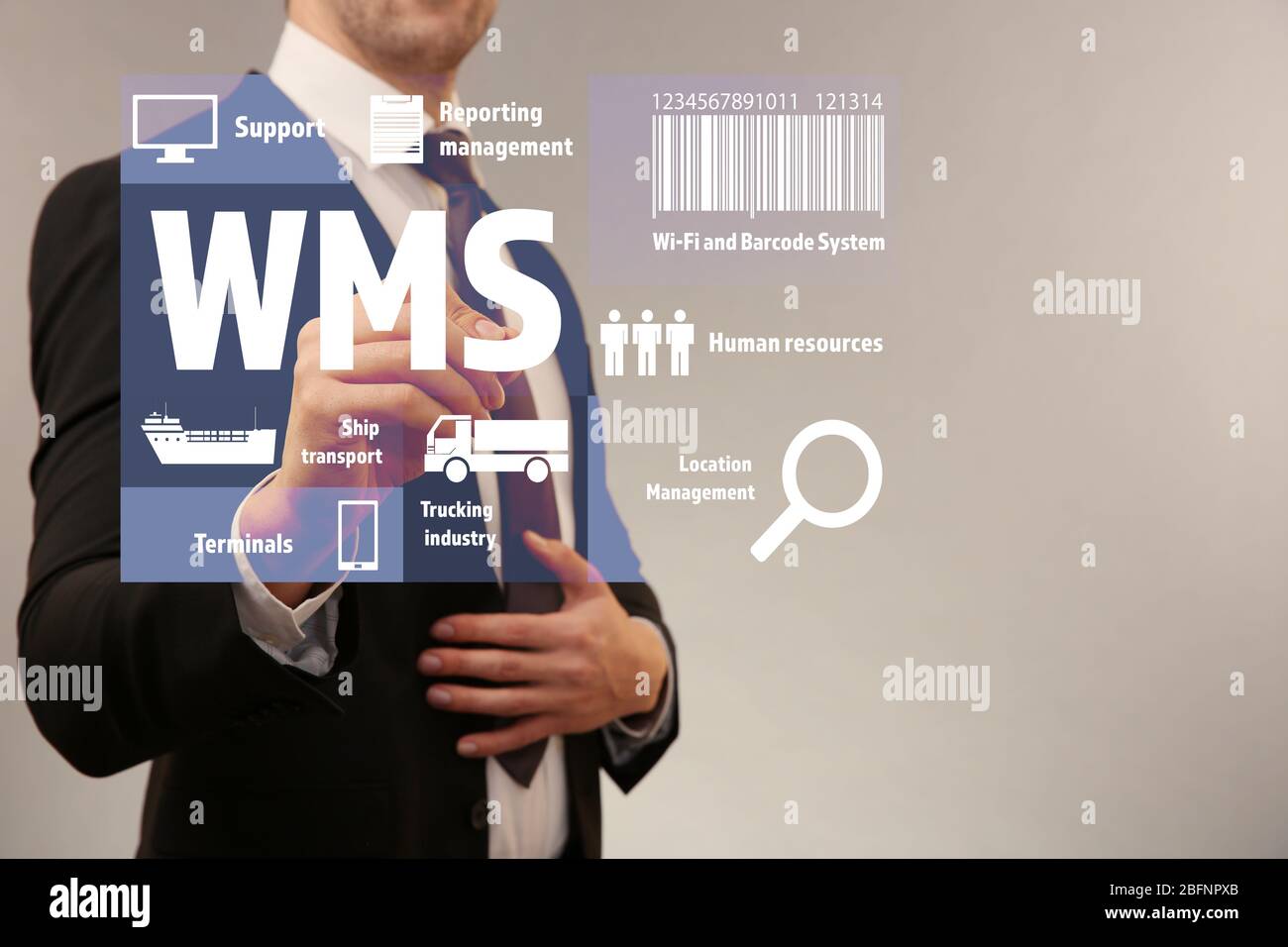 Warehouse management system concept. Man working with virtual screen ...