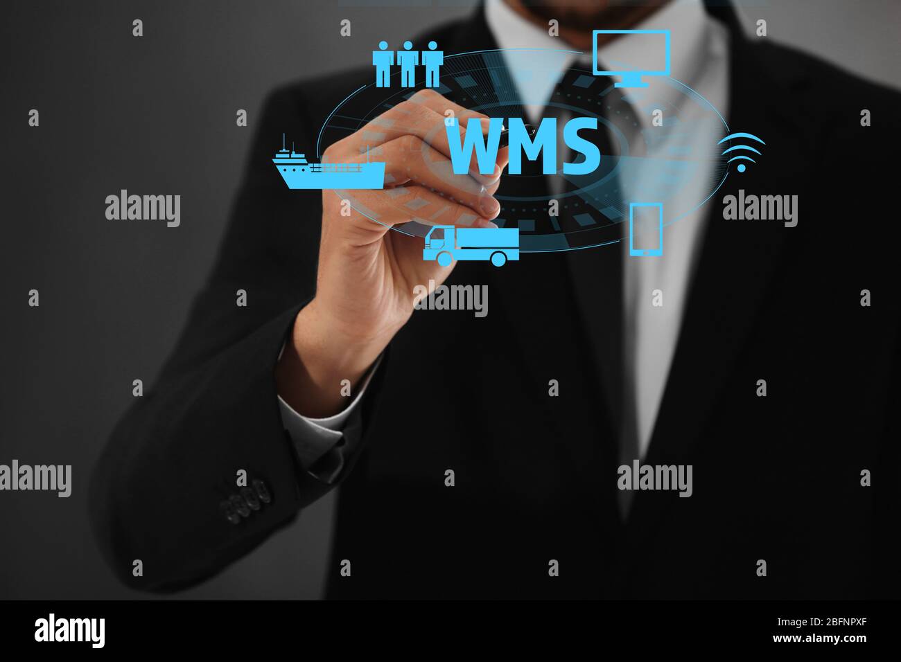 Warehouse management system concept. Man working with virtual screen ...