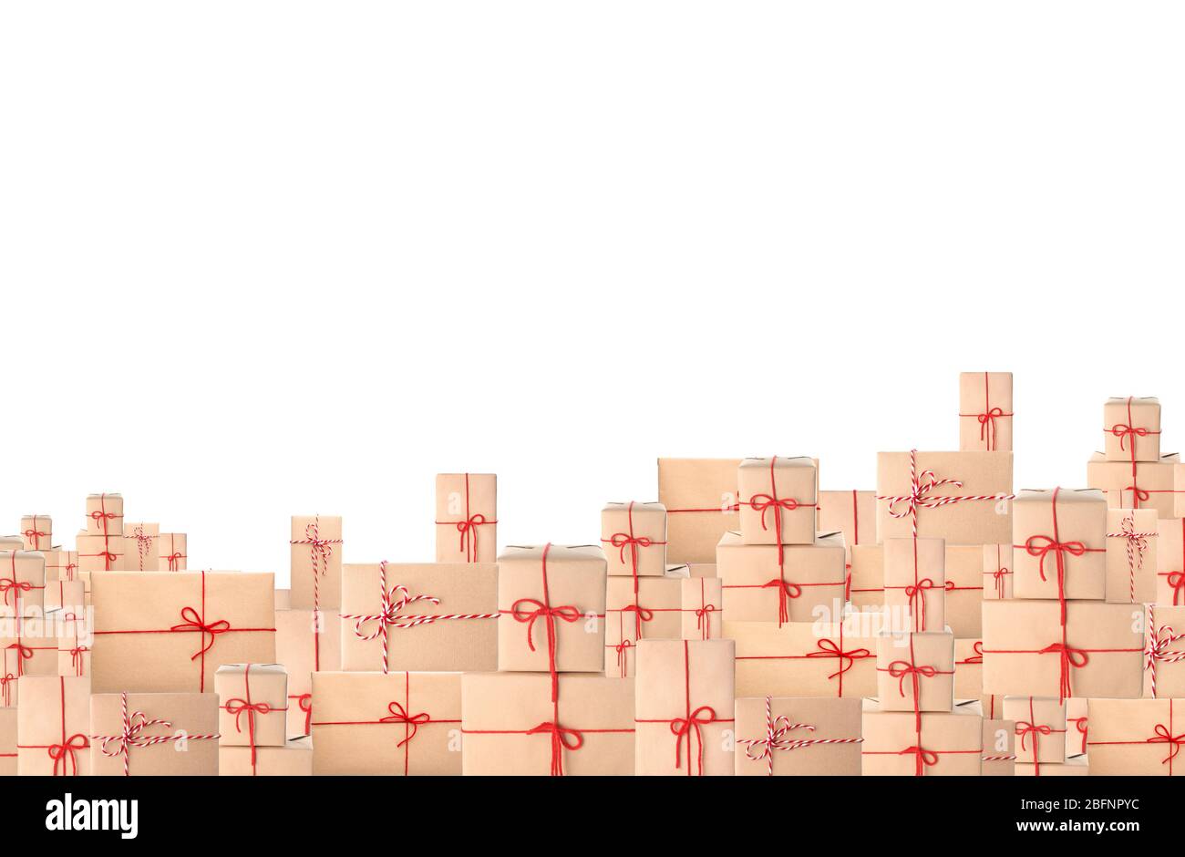 Stacked parcel gift boxes on white background Stock Photo - Alamy