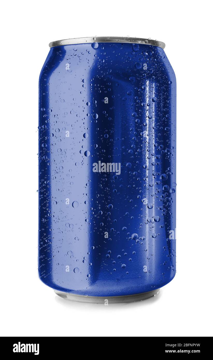 Blue can on white background Stock Photo - Alamy