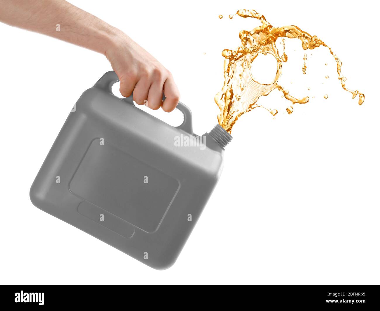 Man pouring oil out of plastic canister on white background Stock Photo ...
