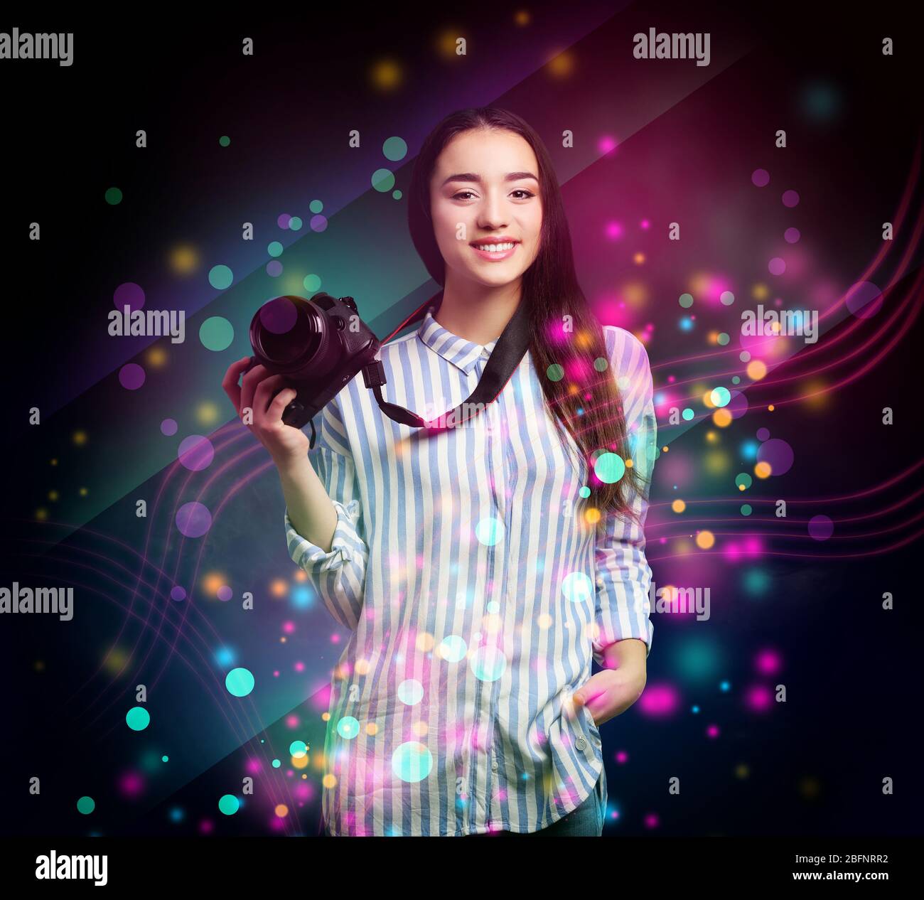 Professional photographer on dark background. Creative design Stock ...