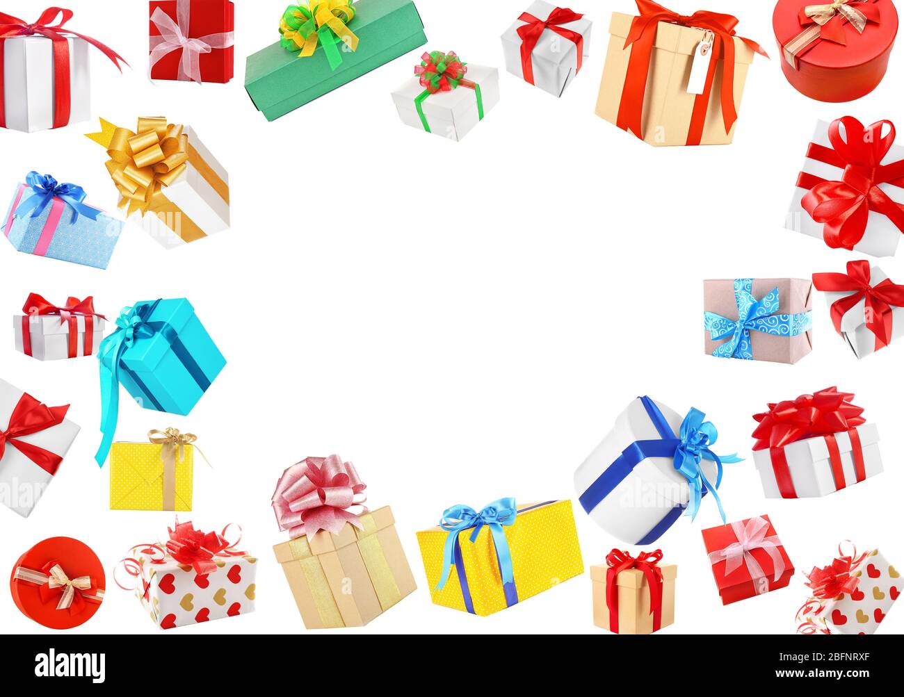 Frame of beautiful gifts on white background Stock Photo - Alamy