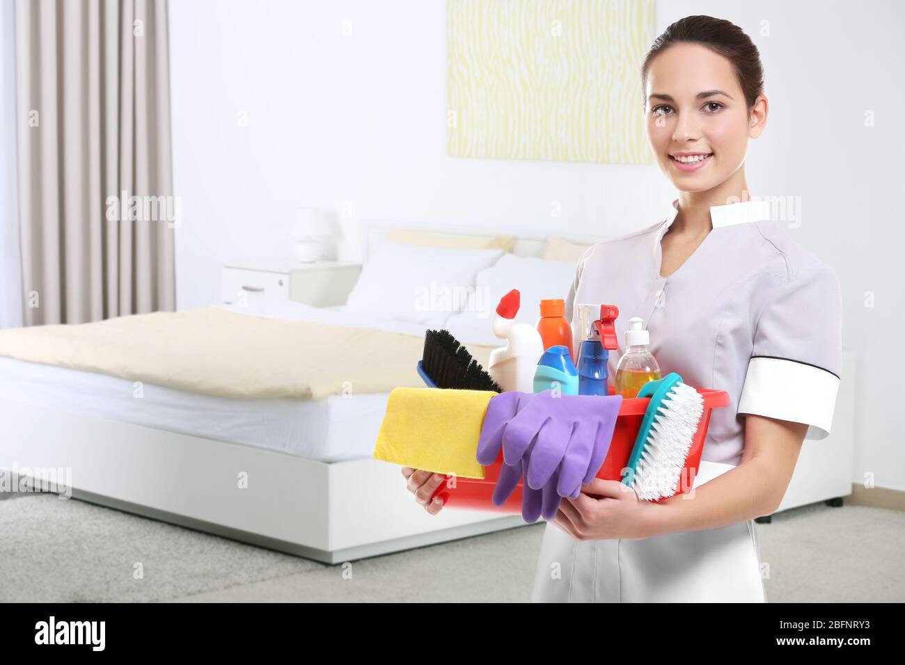 Chambermaid with cleaning equipment on bedroom background Stock Photo ...