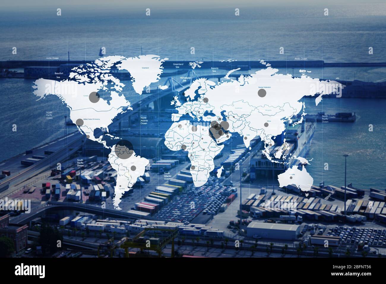 World map with oil extraction areas on sea port background Stock Photo ...