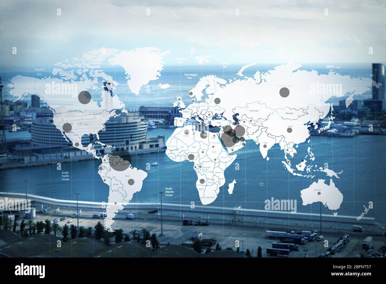 World map with oil extraction areas on sea port background Stock Photo ...