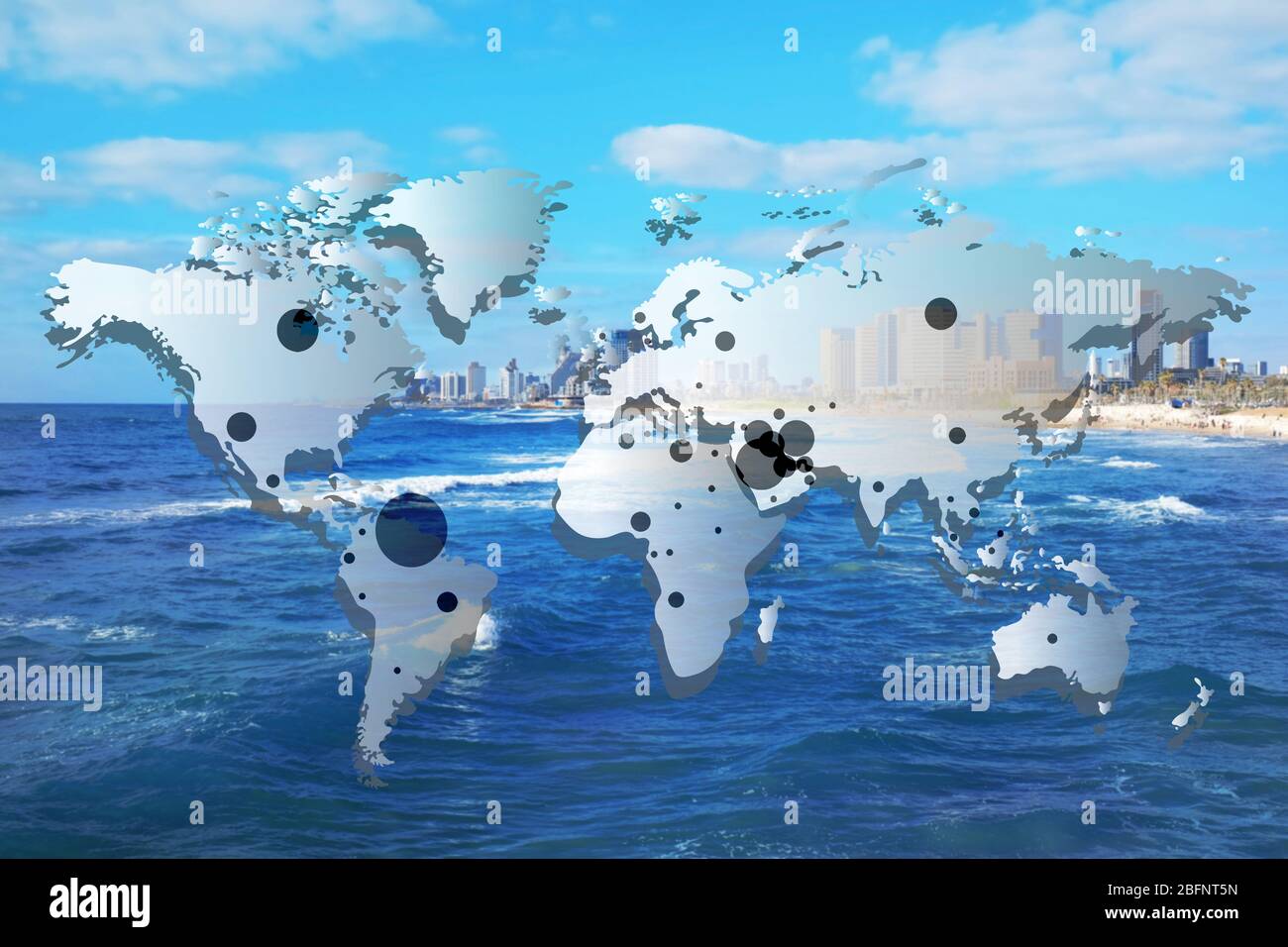 World map with oil extraction areas on city skyline background Stock ...