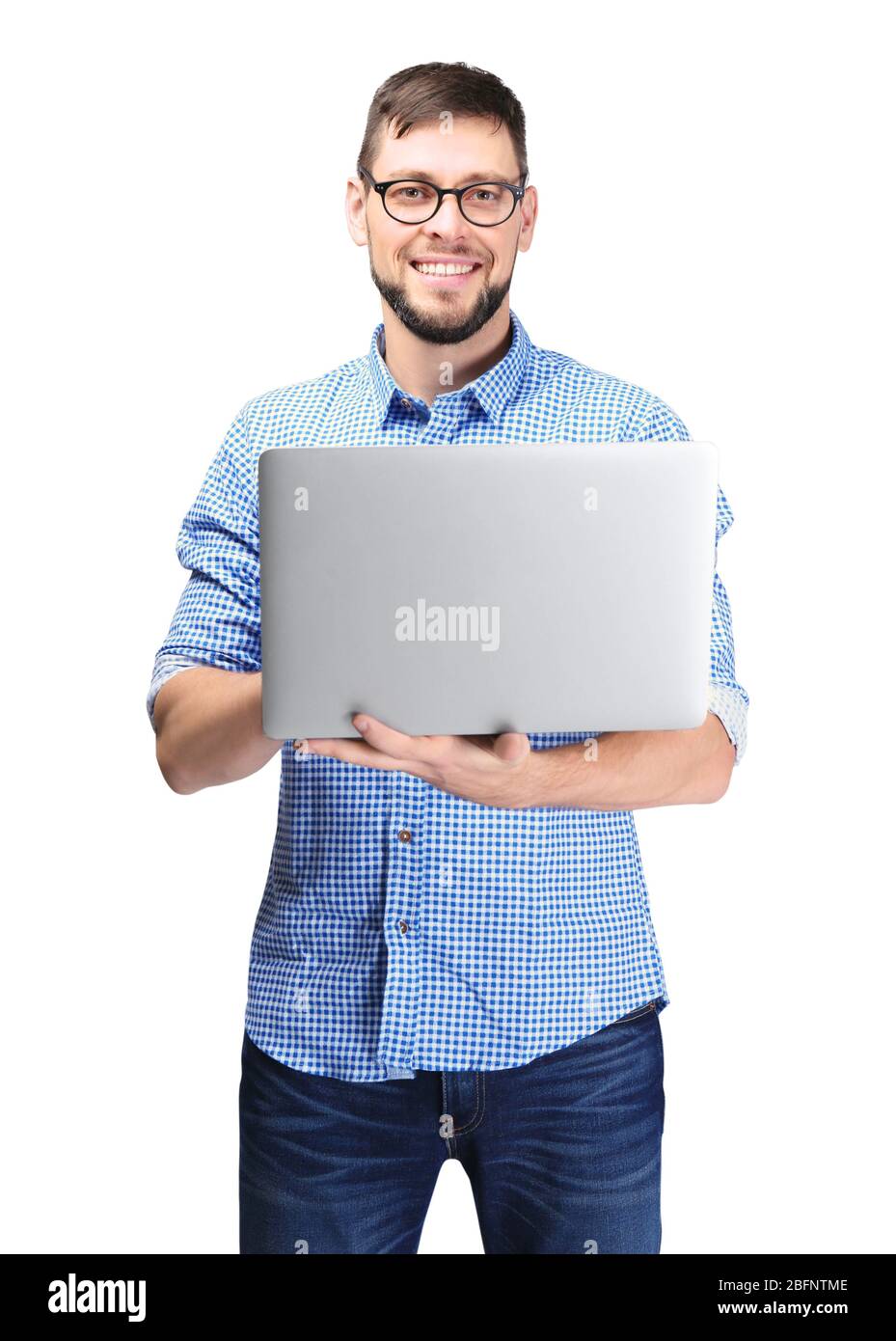 Handsome programmer with laptop on white background Stock Photo - Alamy