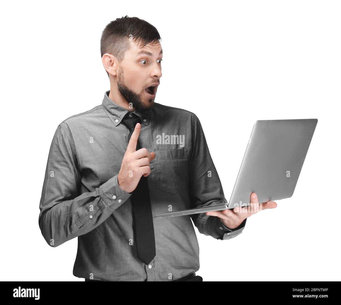 Handsome programmer with laptop on white background Stock Photo - Alamy