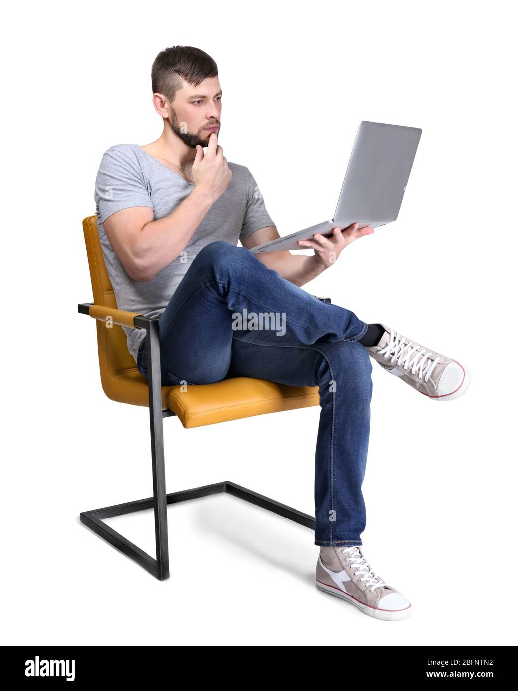 Handsome programmer with laptop on white background Stock Photo - Alamy
