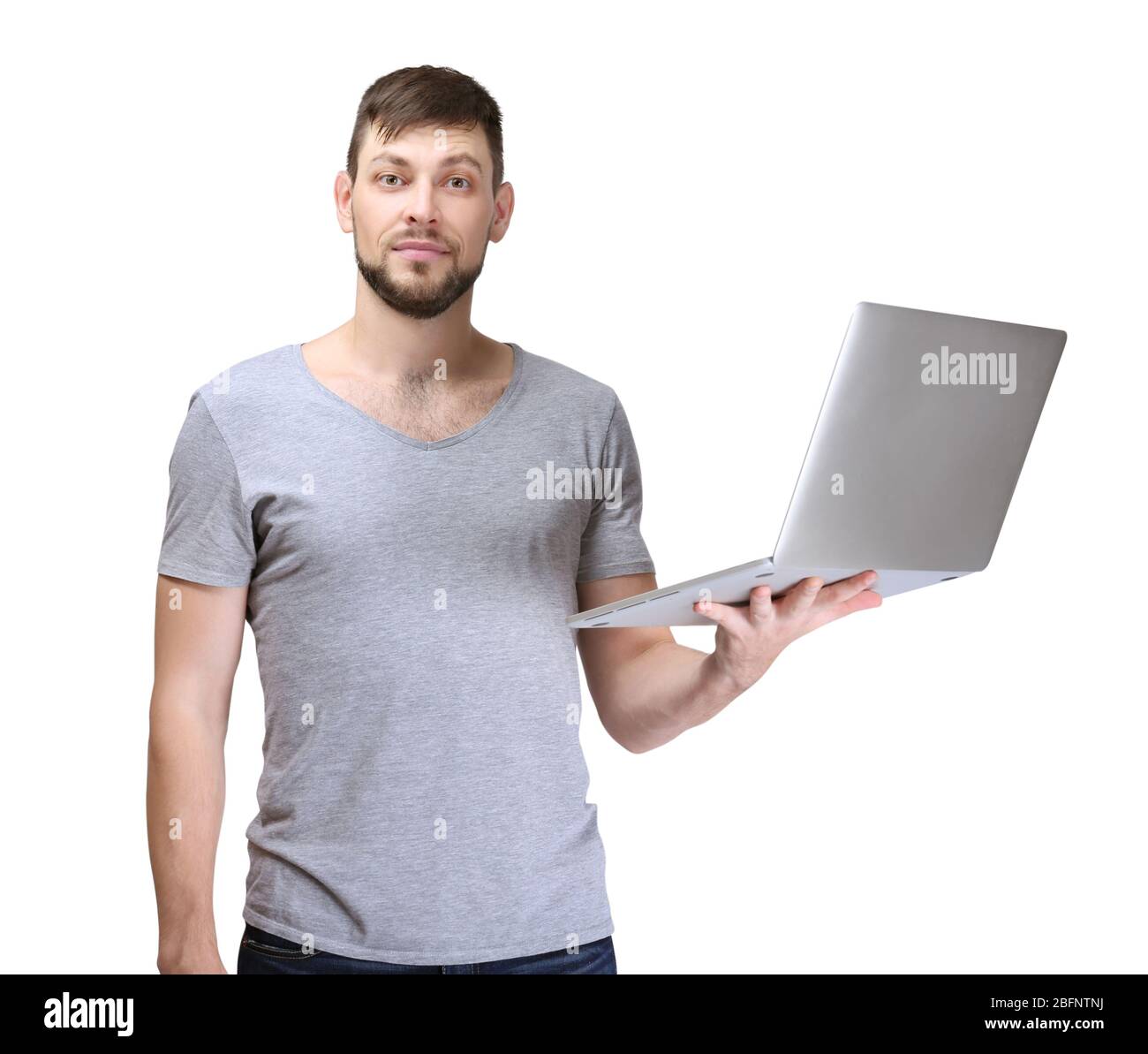 Handsome programmer with laptop on white background Stock Photo - Alamy