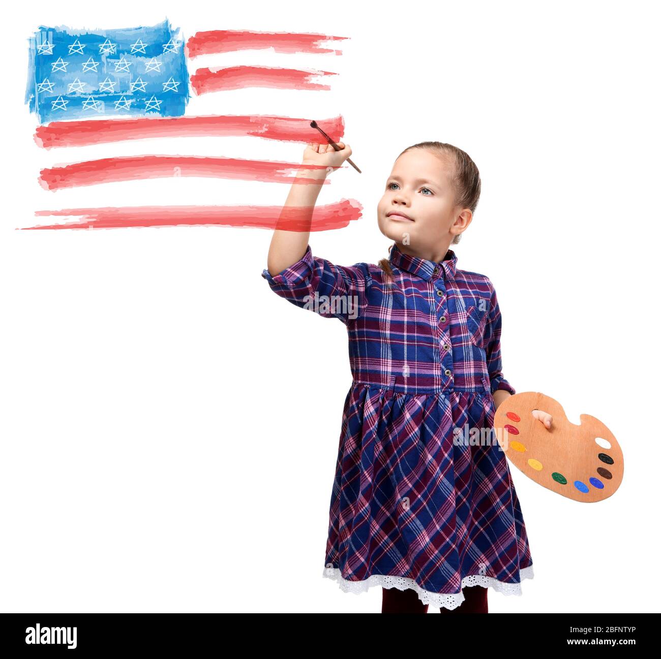 Little girl drawing USA flag on white background Stock Photo - Alamy