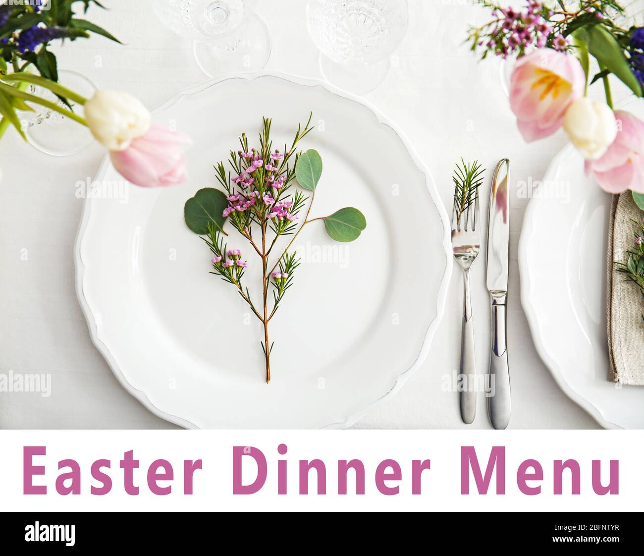 Text EASTER DINNER MENU on background. Elegant table setting with ...