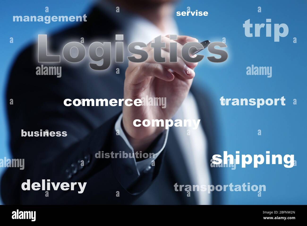 Logistics and wholesale concept. Man working with virtual screen Stock ...