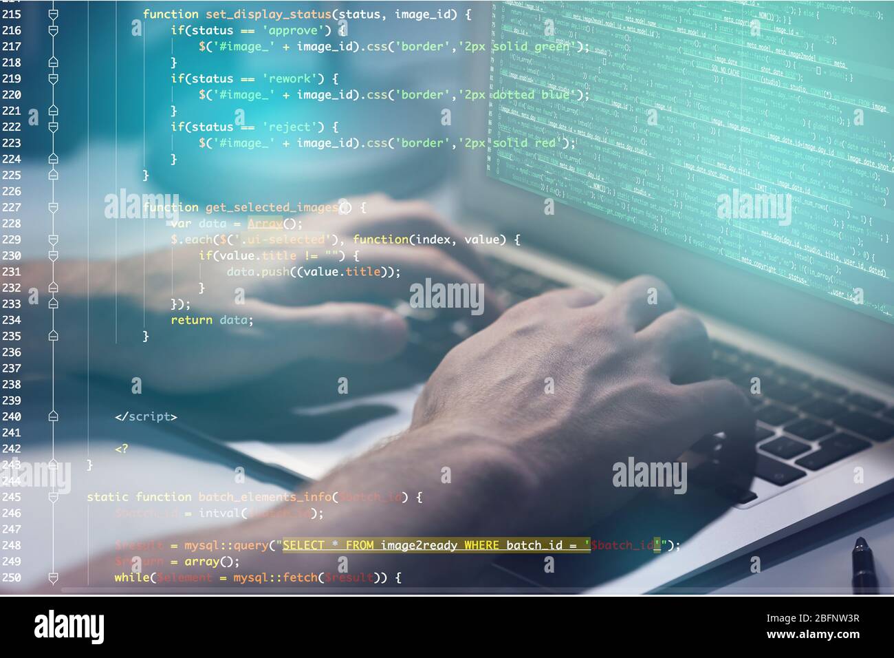 Program development concept. Young man working with laptop Stock Photo ...