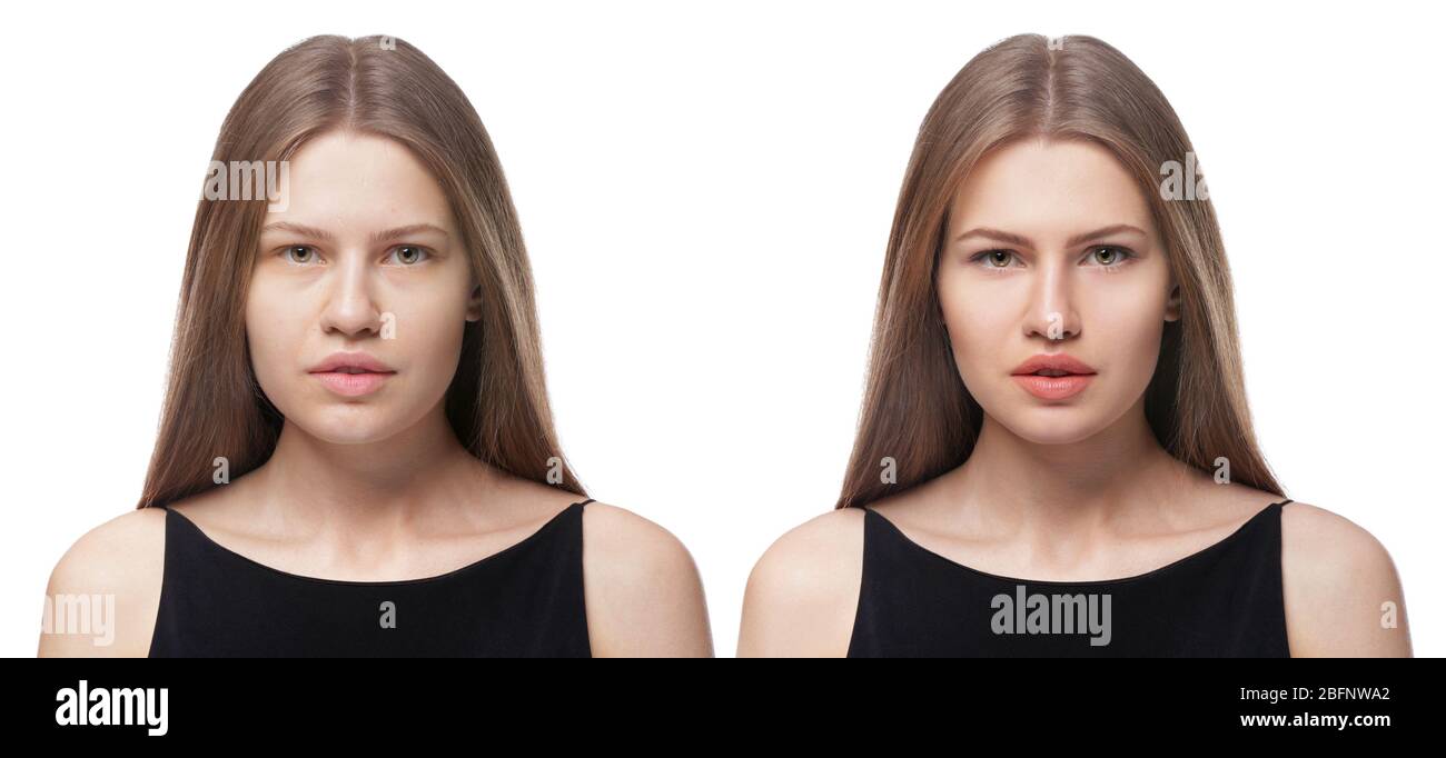 Young woman before and after makeup application on white background ...