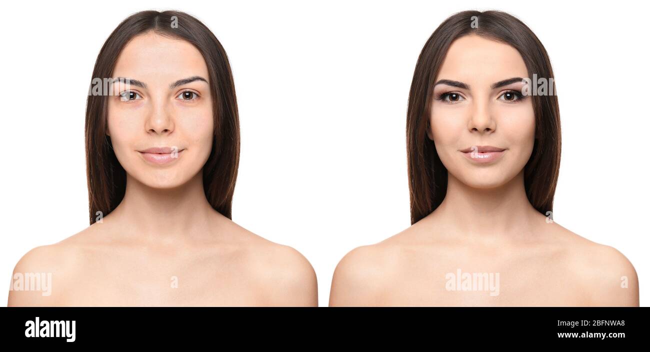 Young woman before and after makeup application on white background ...