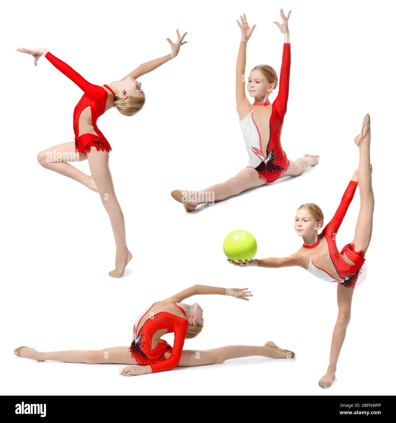 Girl doing gymnastics exercises on white background Stock Photo - Alamy