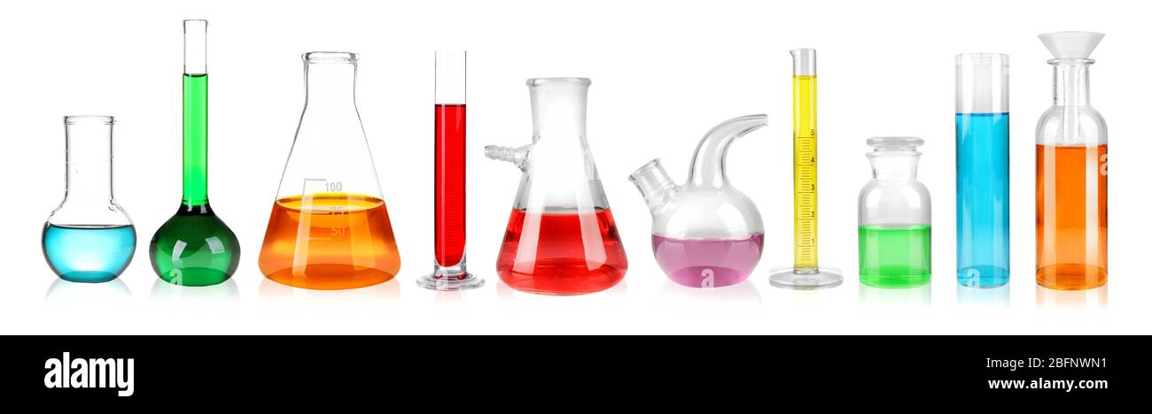 Set of laboratory glassware on white background Stock Photo - Alamy