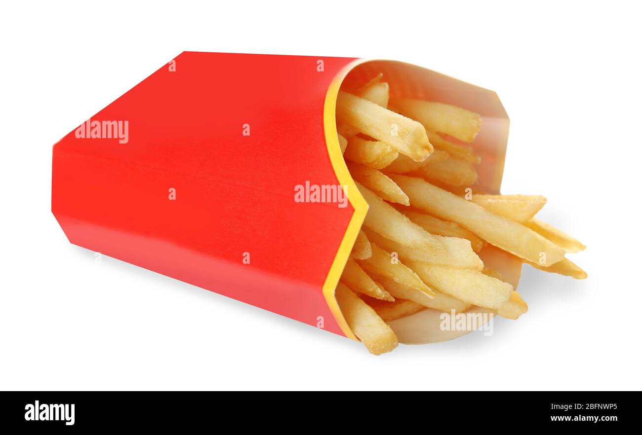 Carton box with delicious French fries on white background Stock Photo ...