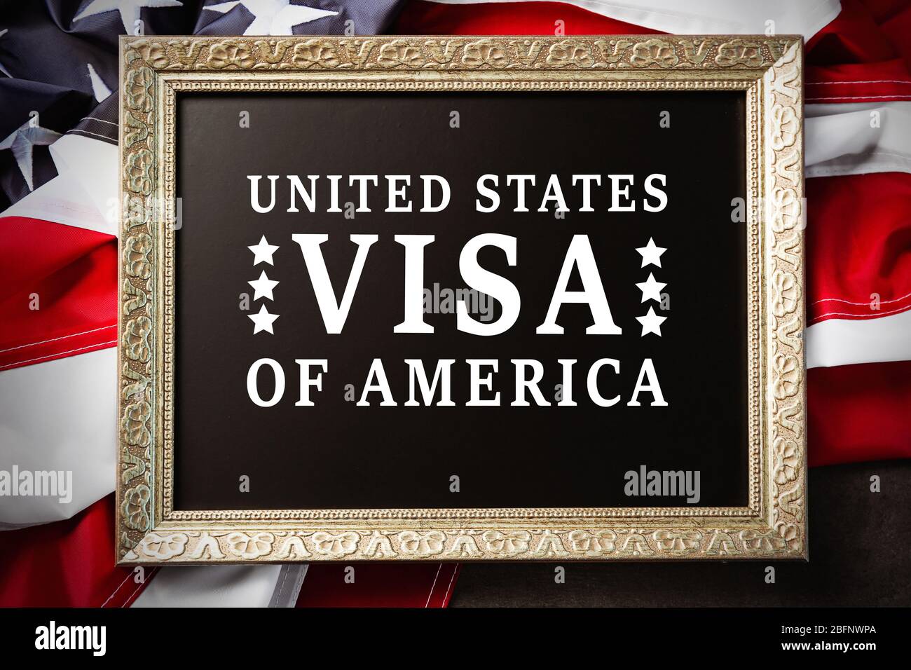 Frame with text VISA UNITED STATES OF AMERICA on USA flag background ...