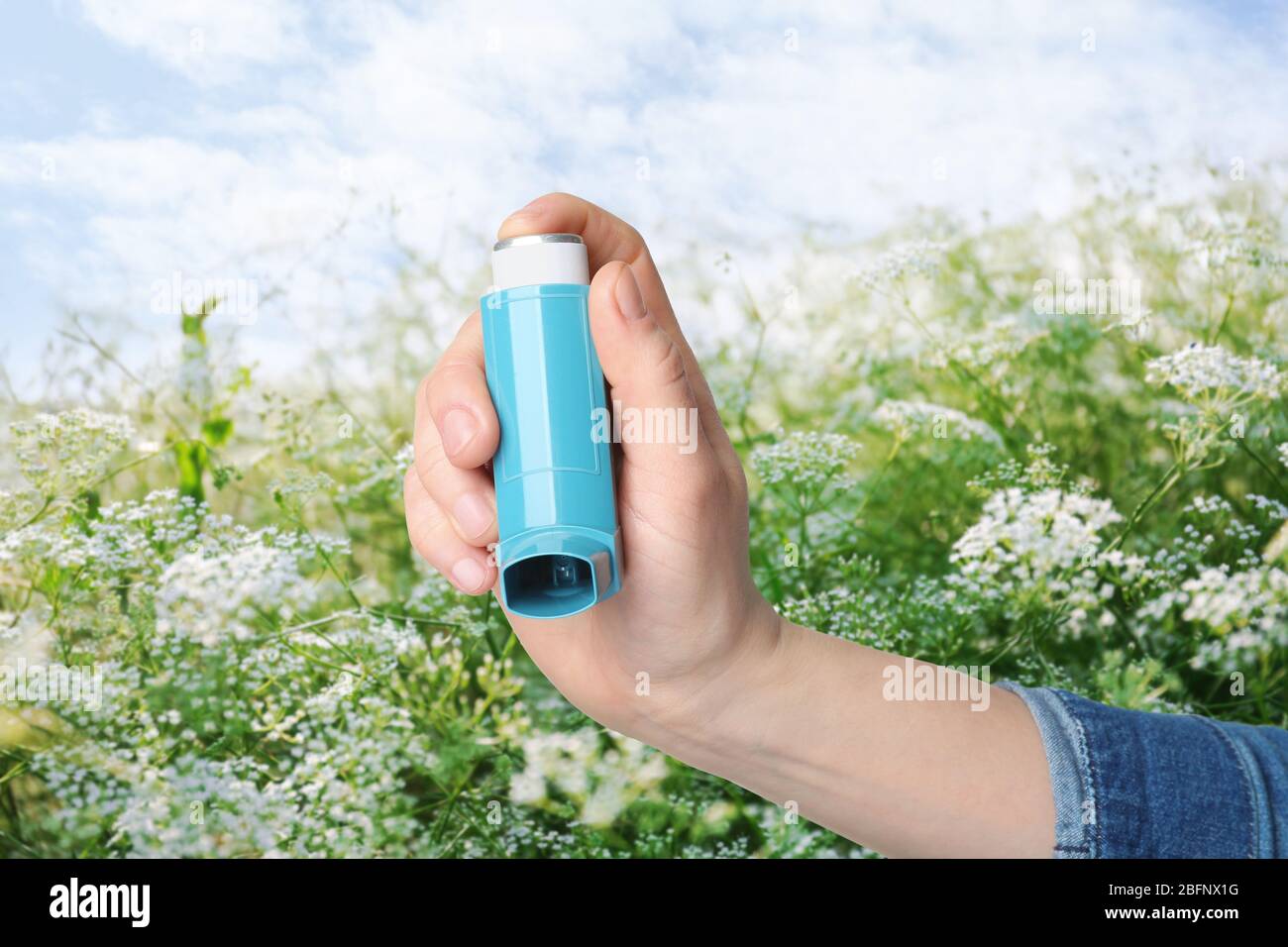 Female hand holding asthma inhaler on meadow background Stock Photo - Alamy