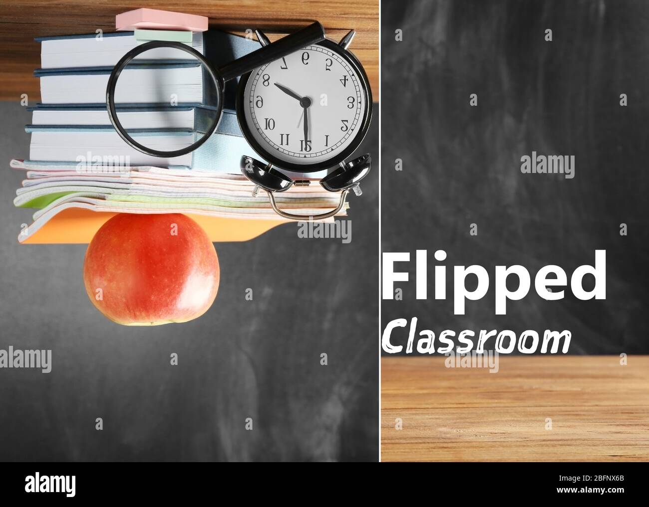 Flipped classroom concept. Inversed books, apple and alarm-clock on ...