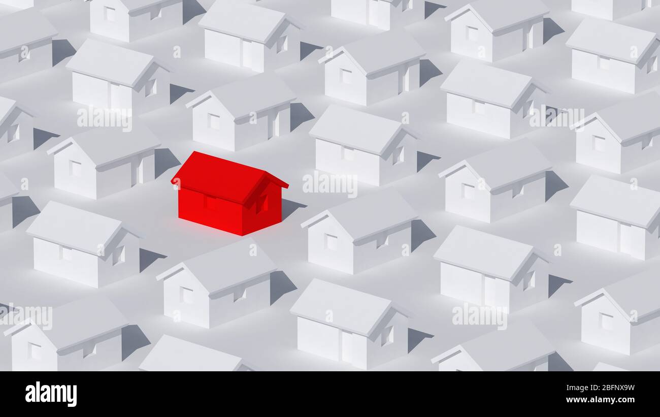 A block of typical small white rural houses with one red in between ...