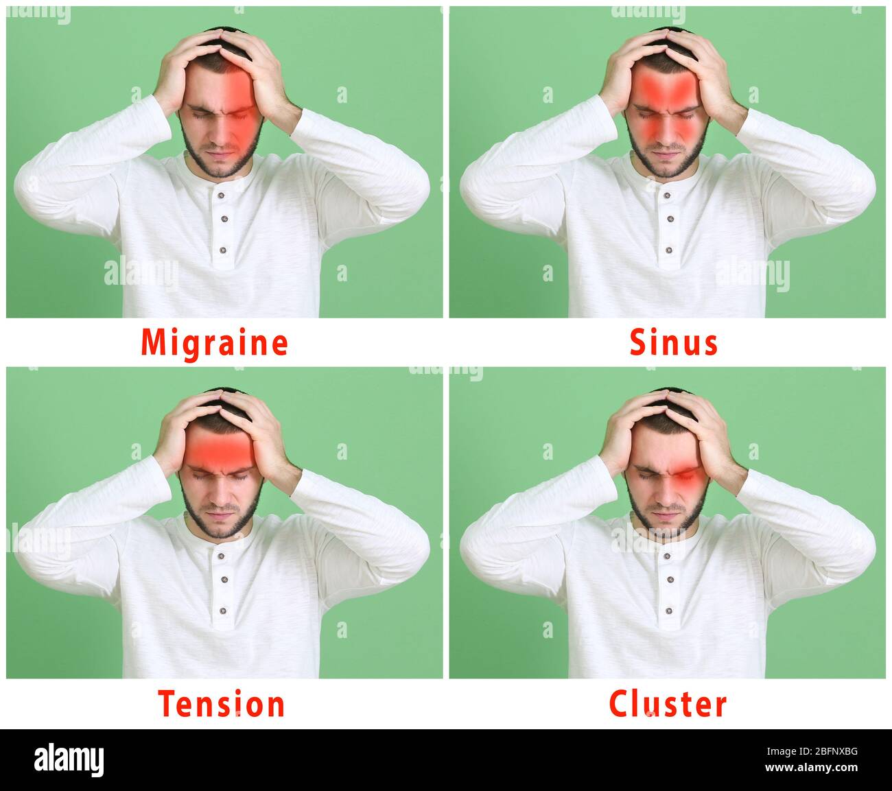 Young man with different types of headache on color background Stock ...