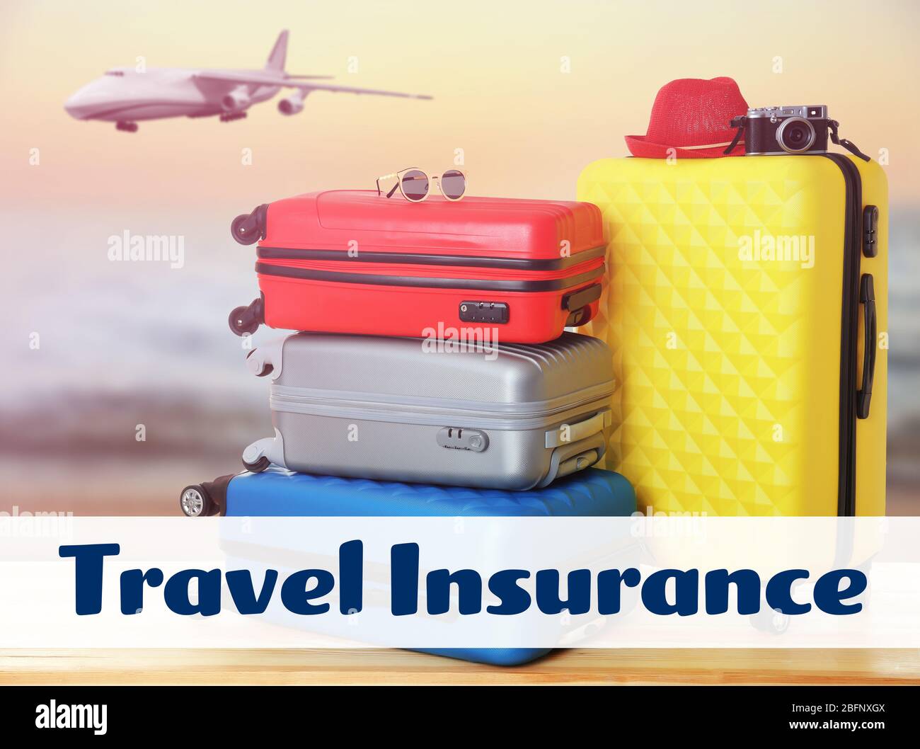 Travel insurance concept. Suitcases in airport terminal Stock Photo - Alamy