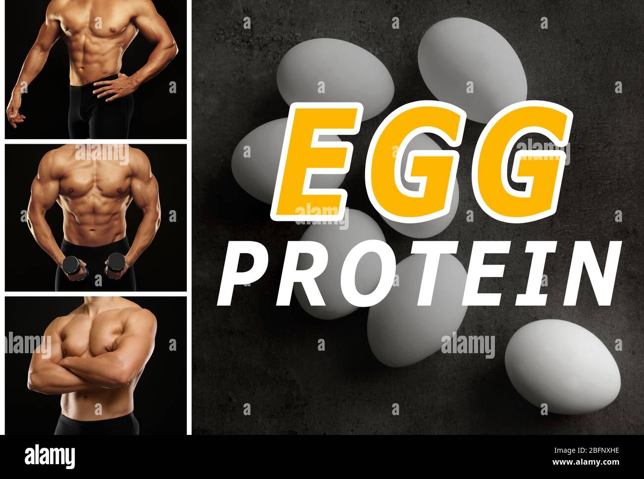 Egg protein concept. Muscular man on dark background Stock Photo - Alamy