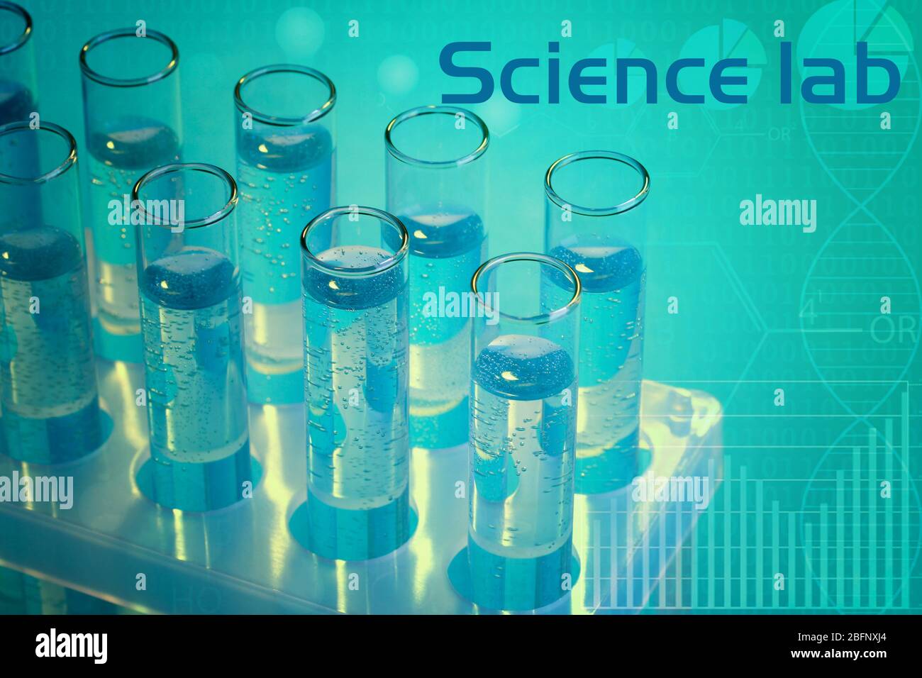 Test tubes with fluid and text SCIENCE LAB on color background Stock ...