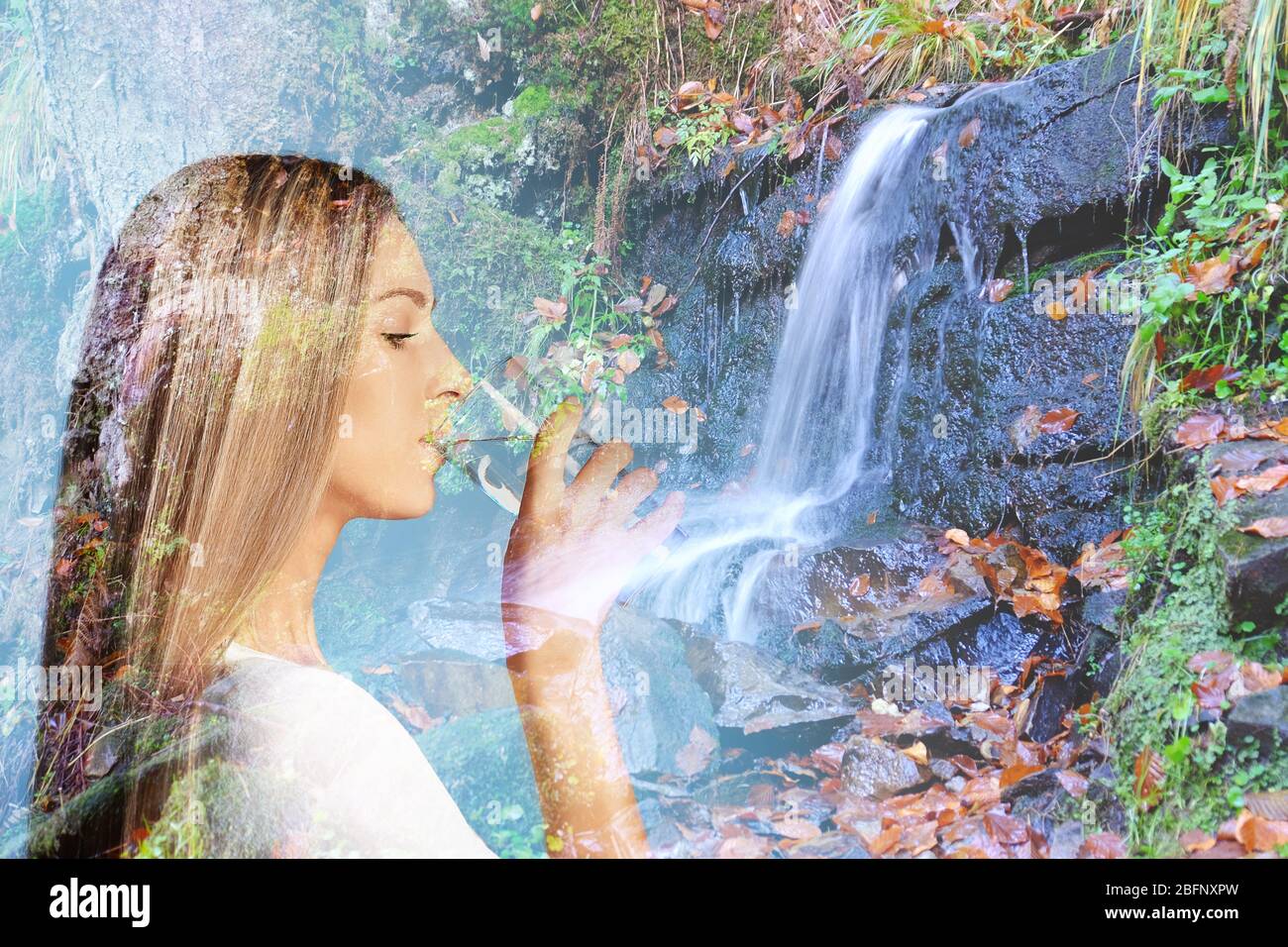 Double exposure of waterfall and young woman drinking water Stock Photo ...