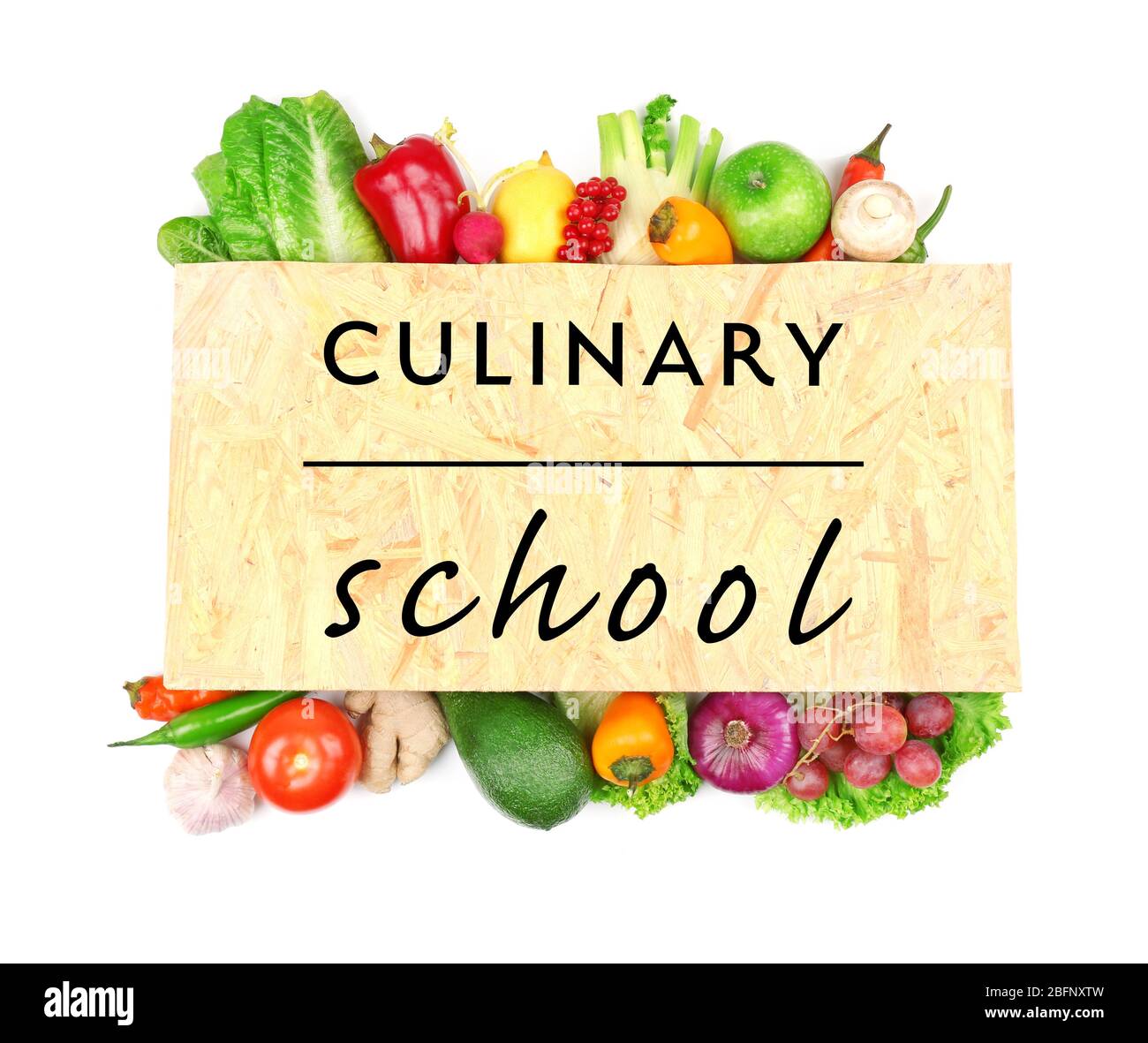 Culinary school concept. Wooden board with ingredients on white ...