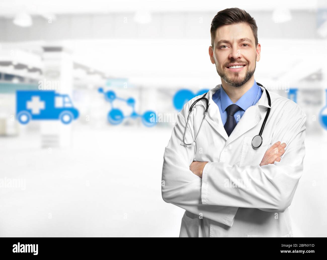 Doctor on blurred hospital background Stock Photo - Alamy