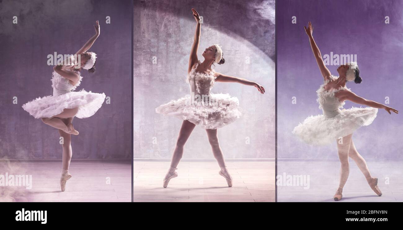 Collage of beautiful ballet dancer on color background Stock Photo - Alamy