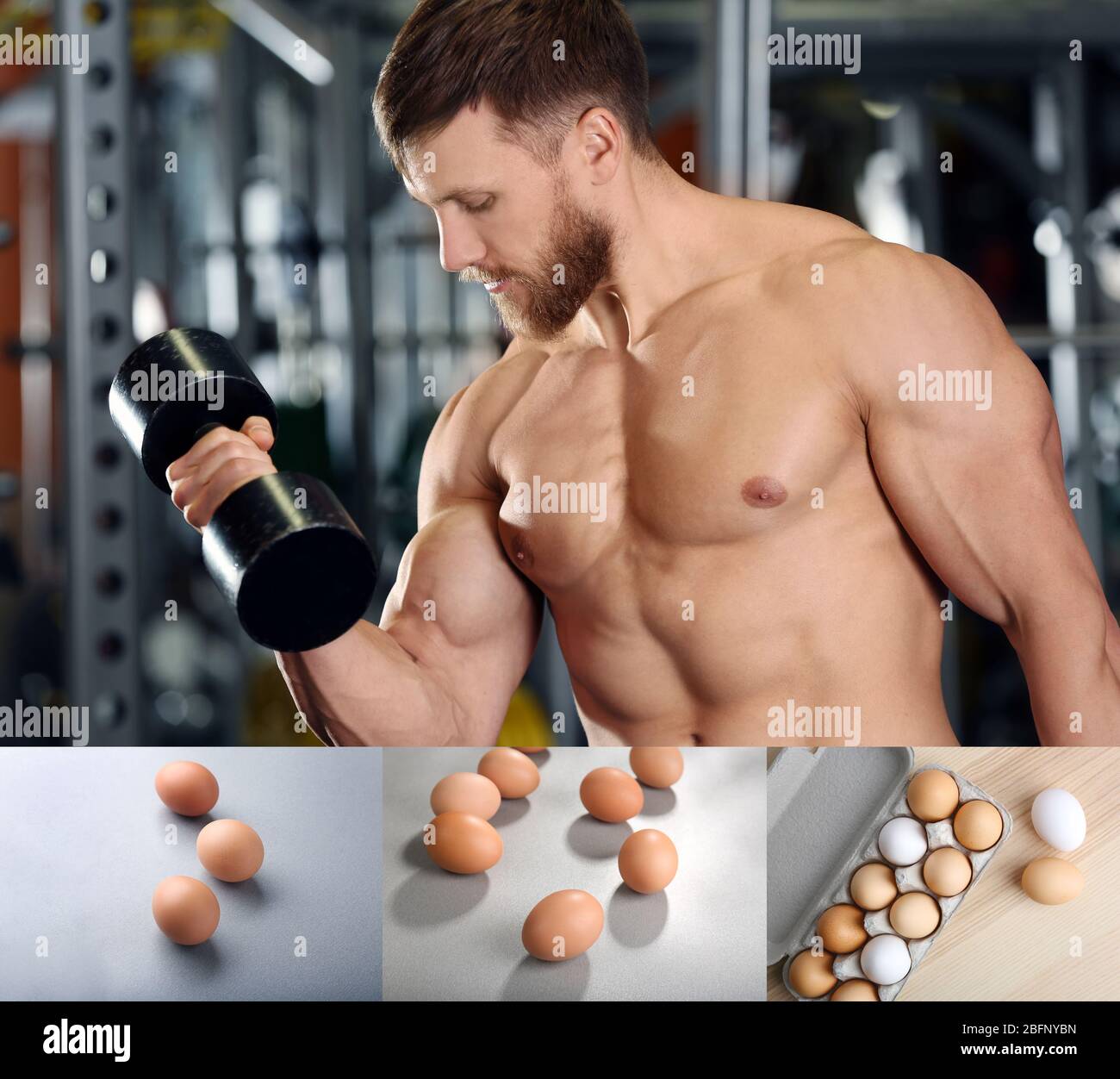 Egg protein concept. Muscular man training in gym Stock Photo - Alamy