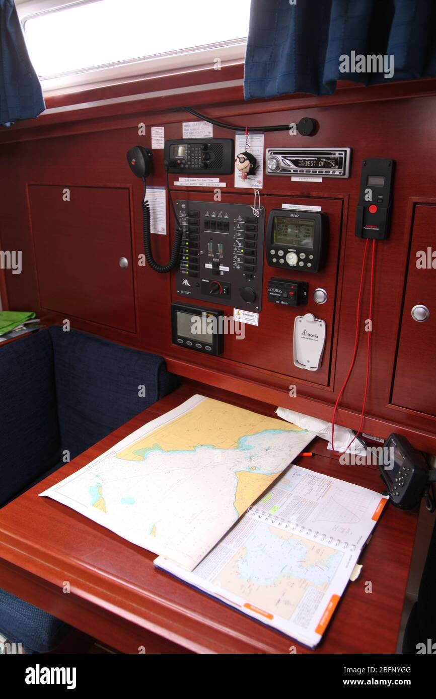 Yacht navigation desk Stock Photo - Alamy