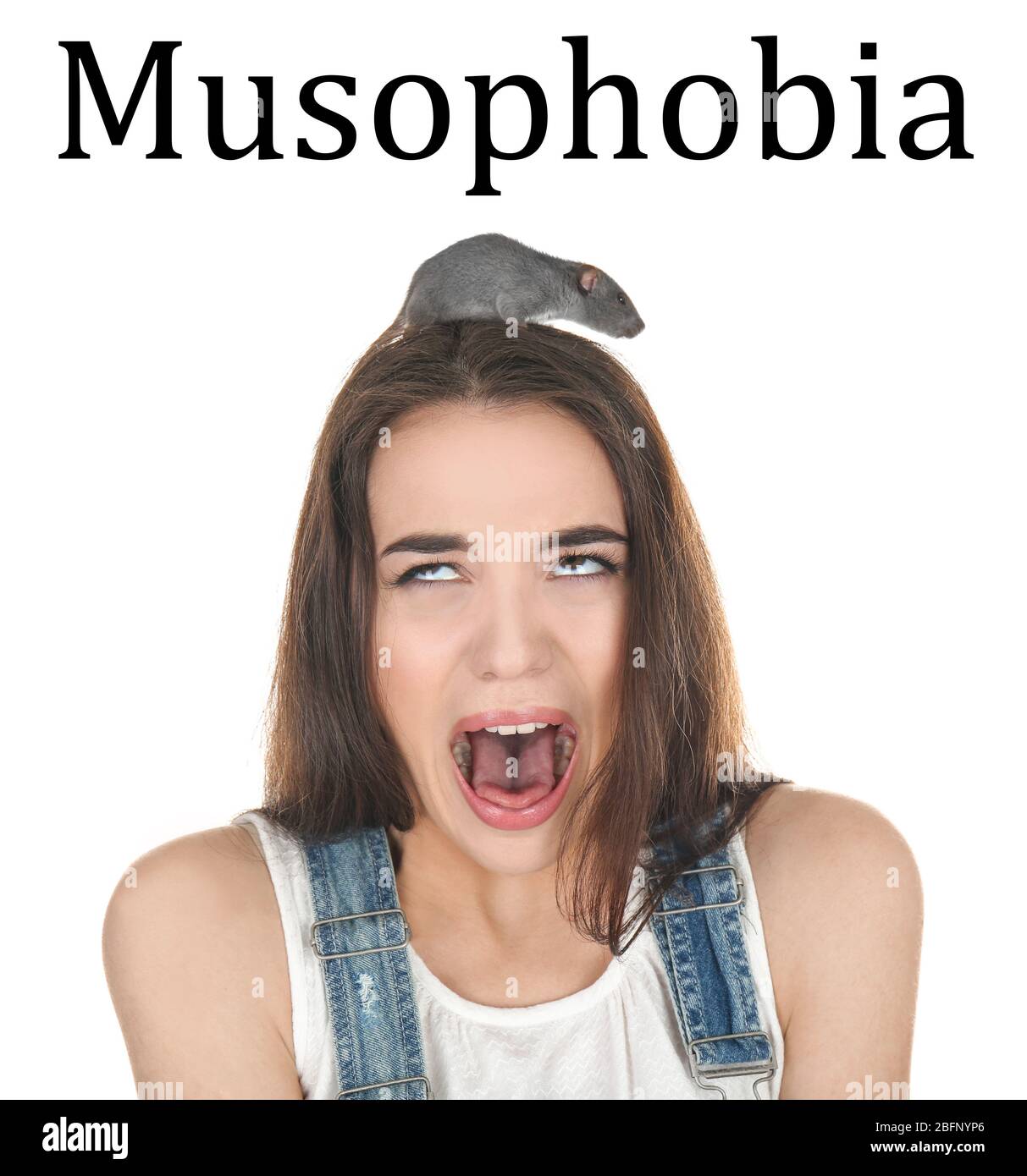 Terrified woman with mouse on white background. Musophobia concept ...