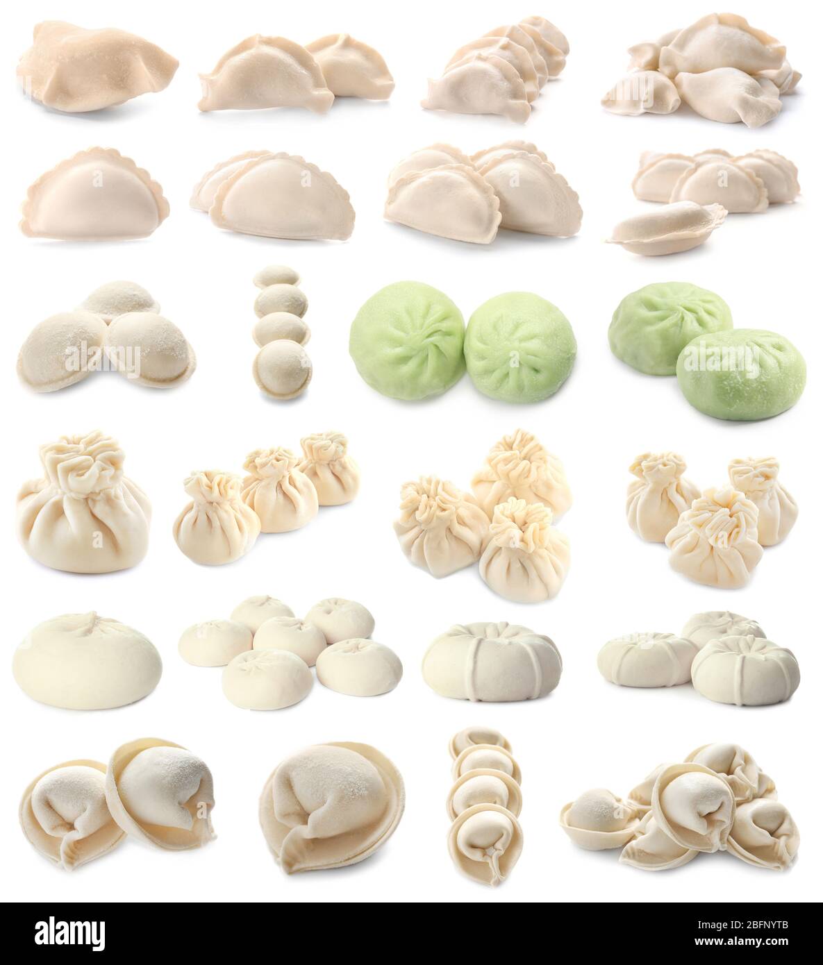 Set with different raw dumplings on white background Stock Photo - Alamy