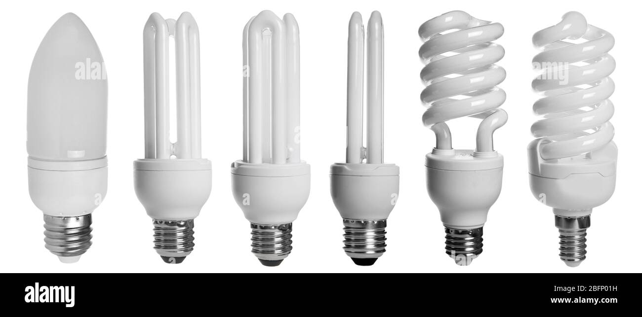 Set with different light bulbs for lamps on white background Stock ...